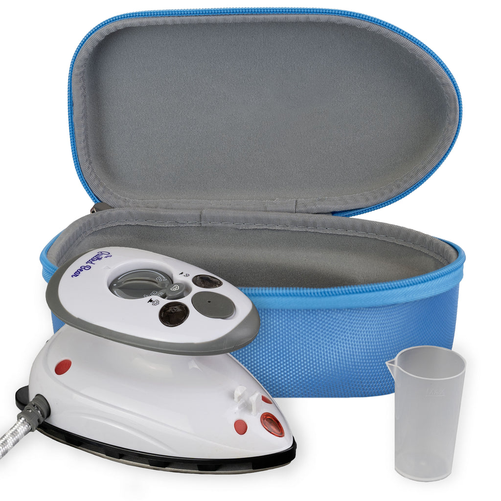 The Quilted Bear Mini Steam Iron with Hard Travel Case (Blue Case)